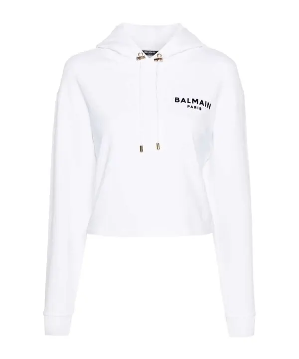 Balmain Logo Print Hooded Pullover - White
