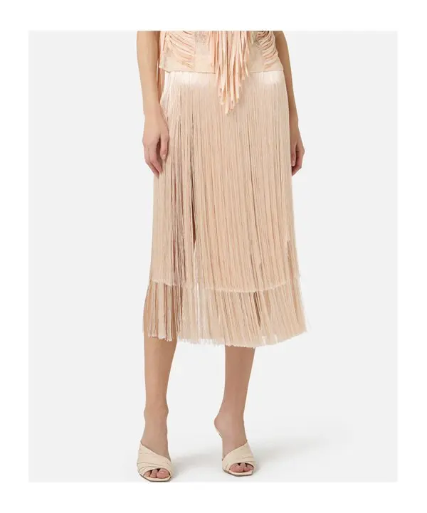 Elisabetta Franchi Fringed Midi Skirt - Nude