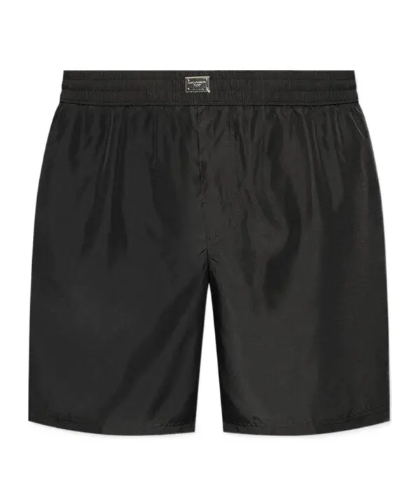Dolce & Gabbana Elastic Waist Swim Shorts With Logo Plaque - Black