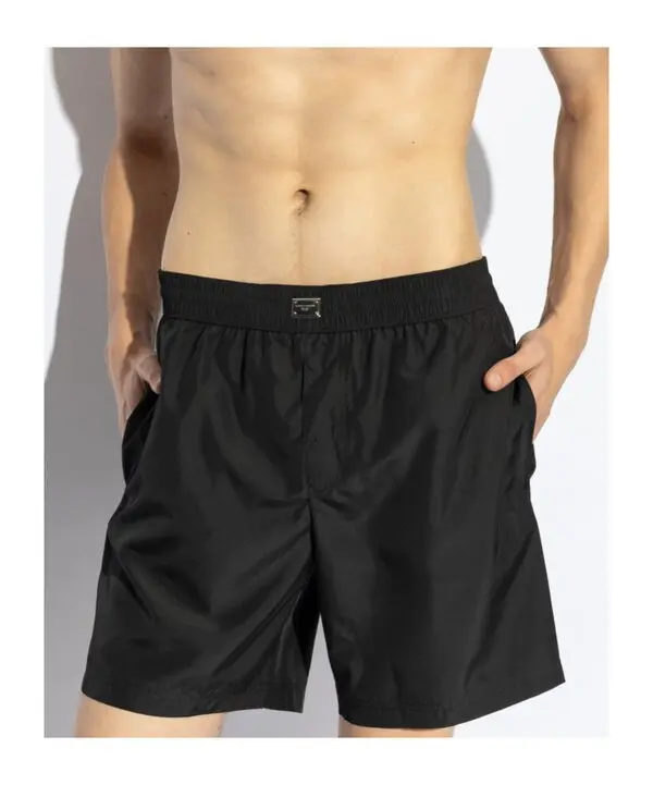 Dolce & Gabbana Elastic Waist Swim Shorts With Logo Plaque - Black