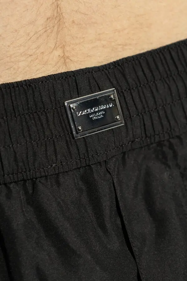 Dolce & Gabbana Elastic Waist Swim Shorts With Logo Plaque - Black