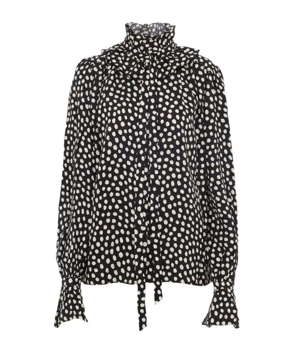 Chloé Polka-dot Long Sleeve Shirt With Lace-up Front - Black/beige