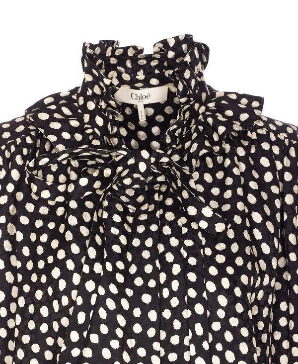 Chloé Polka-dot Long Sleeve Shirt With Lace-up Front - Black/beige