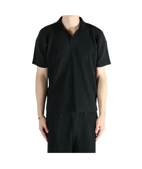 Issey Miyake Homme Plissé Short Sleeved Pleated Polo Shirt - Black