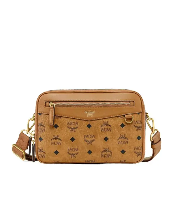 Mcm Logo-pattern Zip Messenger Bag - Cognac