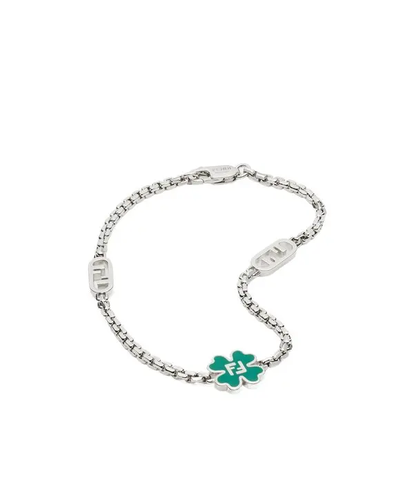 Fendi Silver O'luck Bracelet With Clover Pendant - White
