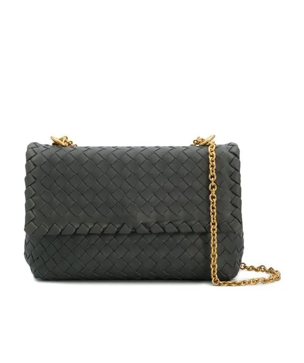 Bottega Veneta Dark Gray Braided Detail Shoulder Bag - Black