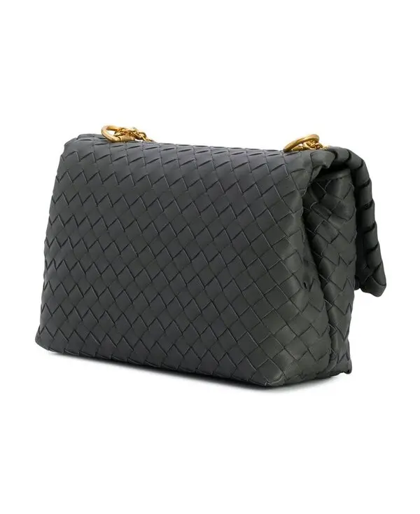 Bottega Veneta Dark Gray Braided Detail Shoulder Bag - Black