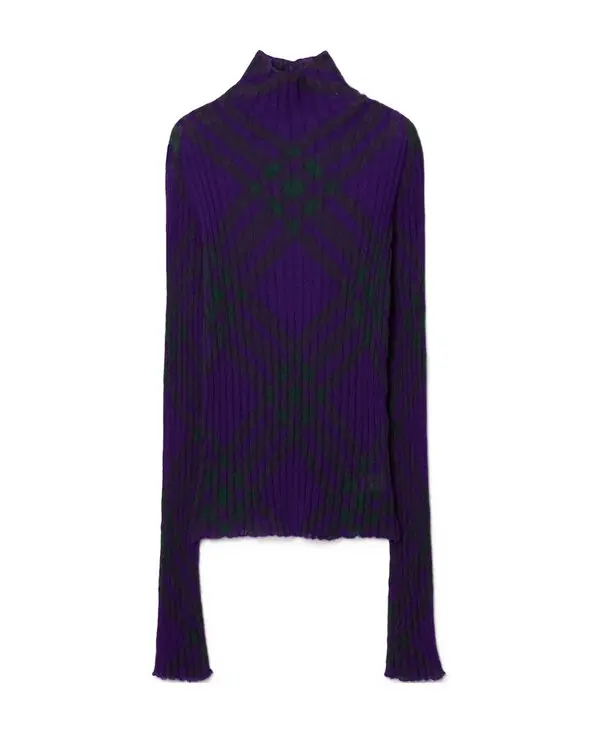 Burberry Checked Ribbed High Neck Jumper - Black