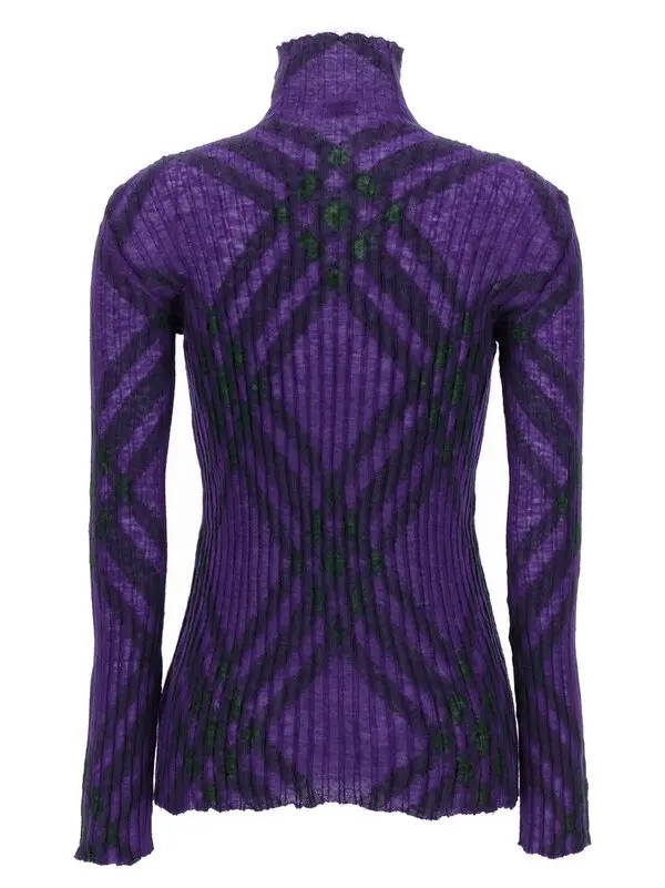 Burberry Checked Ribbed High Neck Jumper - Black