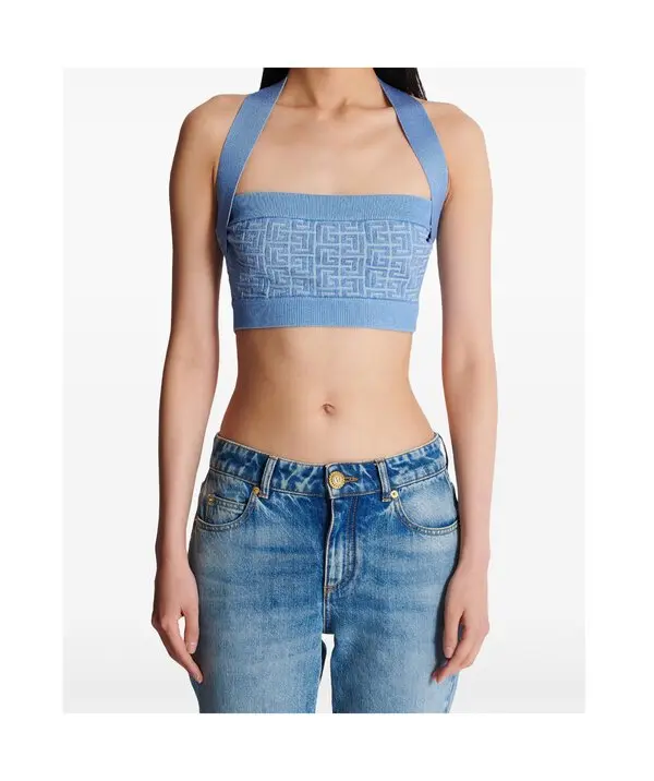 Balmain Knit Halterneck Top With Pb Labyrinth Monogram