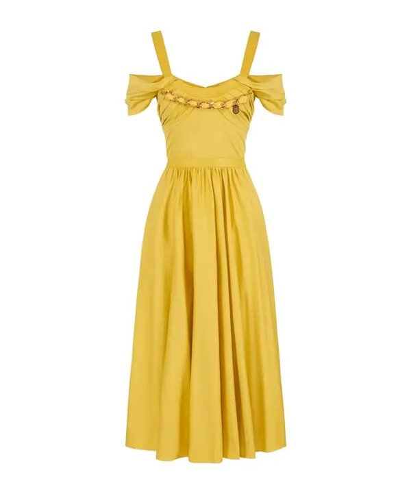 Elisabetta Franchi Off-shoulder Midi Dress With Jewel Chain - Yellow