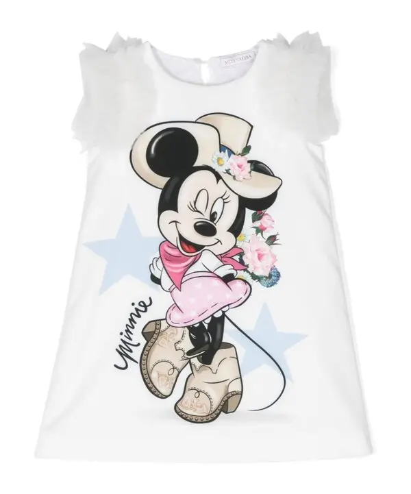 Monnalisa X Disney Minnie Mouse Print Dress - White