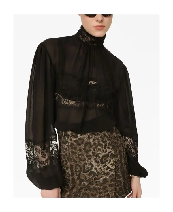Dolce & Gabbana Lace Embellished Ruched High Neck Blouse