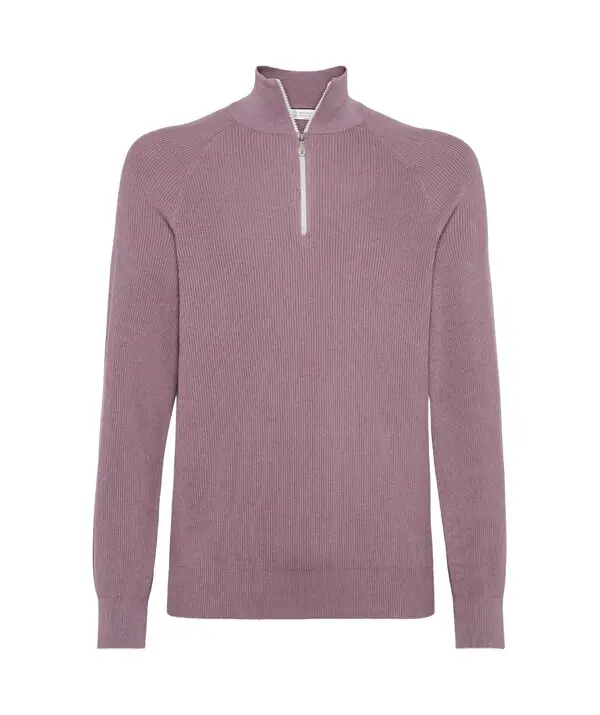 Brunello Cucinelli High Neck Knitted Jumper With Half-zippered Front - Gray