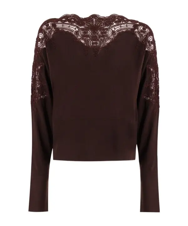 Ermanno Scervino Lace-embellished Long-sleeve Sweater - Deep Mahogany/vino