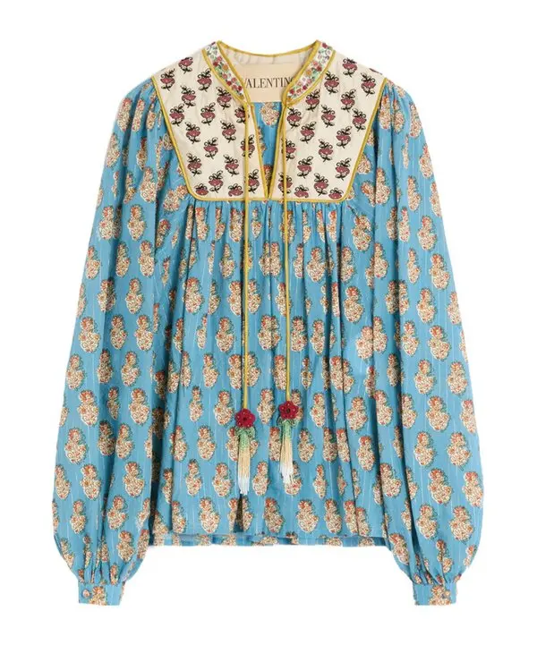 Valentino Garavani Embroidered V-neck Puff-sleeved Blouse