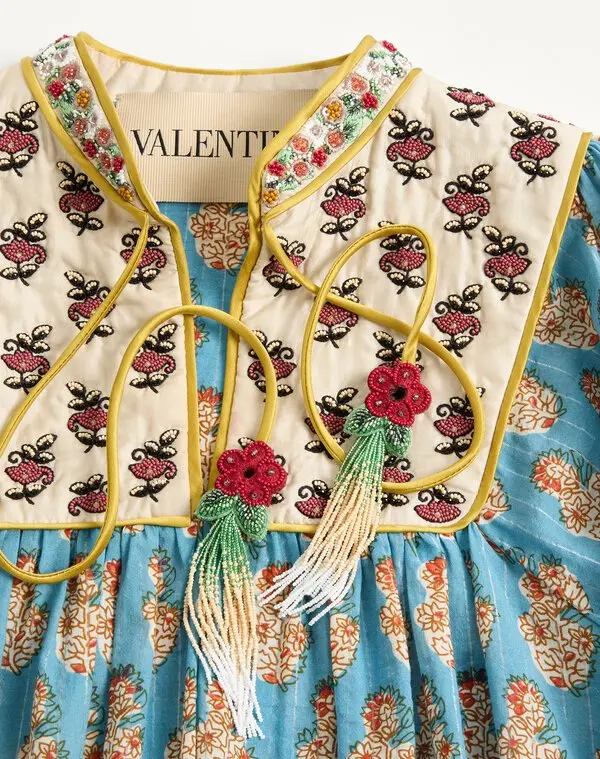 Valentino Garavani Embroidered V-neck Puff-sleeved Blouse