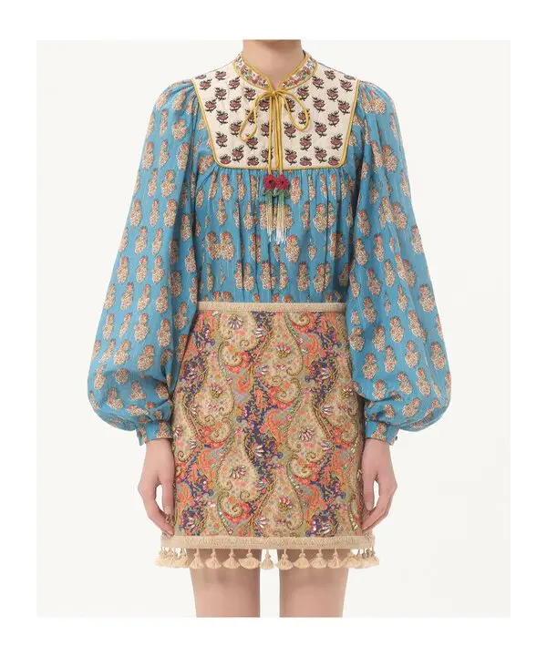 Valentino Garavani Embroidered V-neck Puff-sleeved Blouse