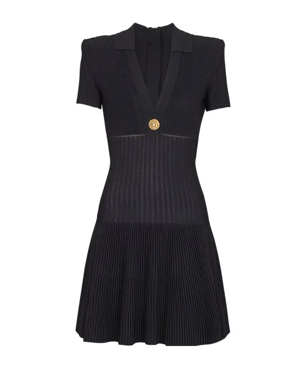 Balmain Short Flared Knit V-neck Dress With Lion Head Buttons