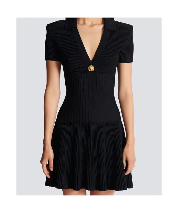 Balmain Short Flared Knit V-neck Dress With Lion Head Buttons