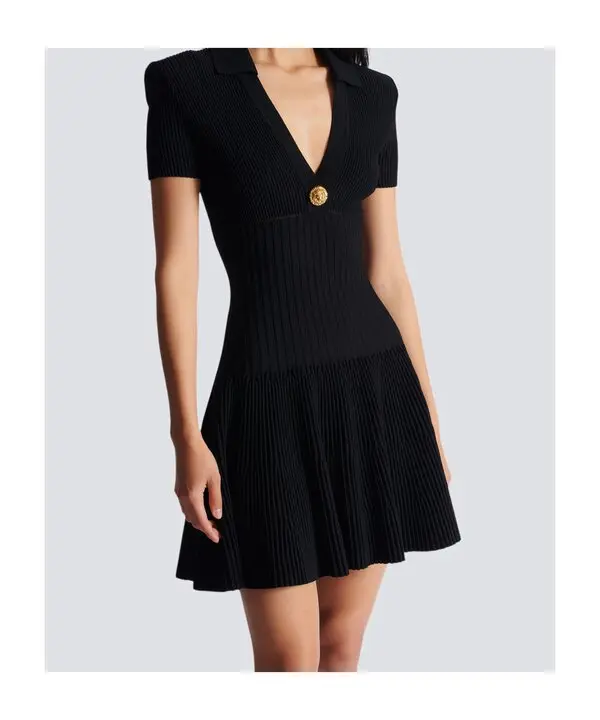 Balmain Short Flared Knit V-neck Dress With Lion Head Buttons