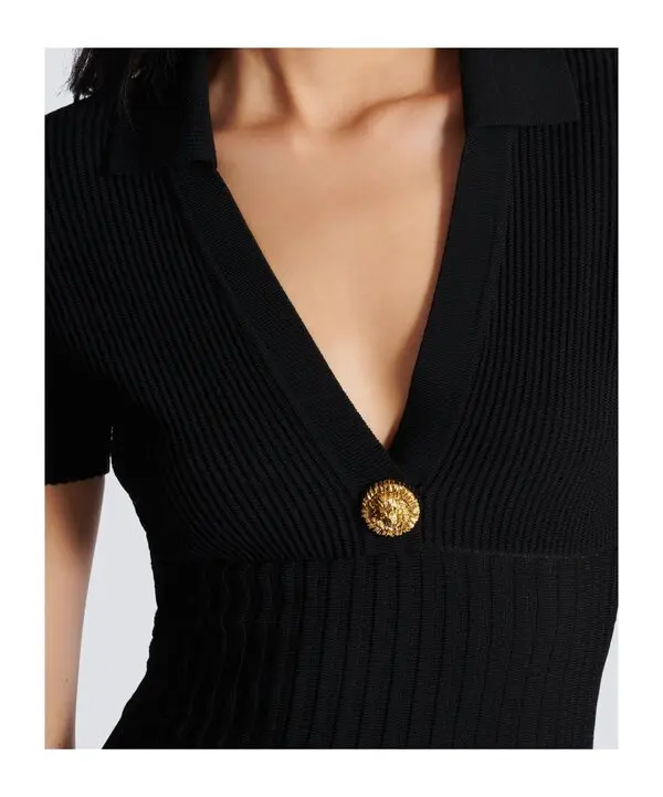 Balmain Short Flared Knit V-neck Dress With Lion Head Buttons