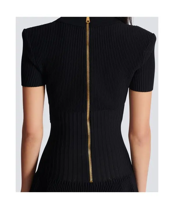 Balmain Short Flared Knit V-neck Dress With Lion Head Buttons