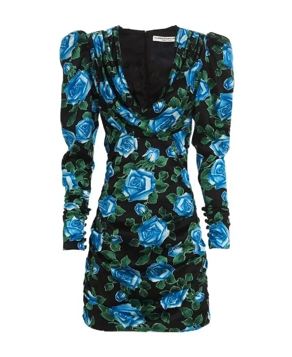 Alessandra Rich Rose Printed Satin Draped Mini Dress - Black