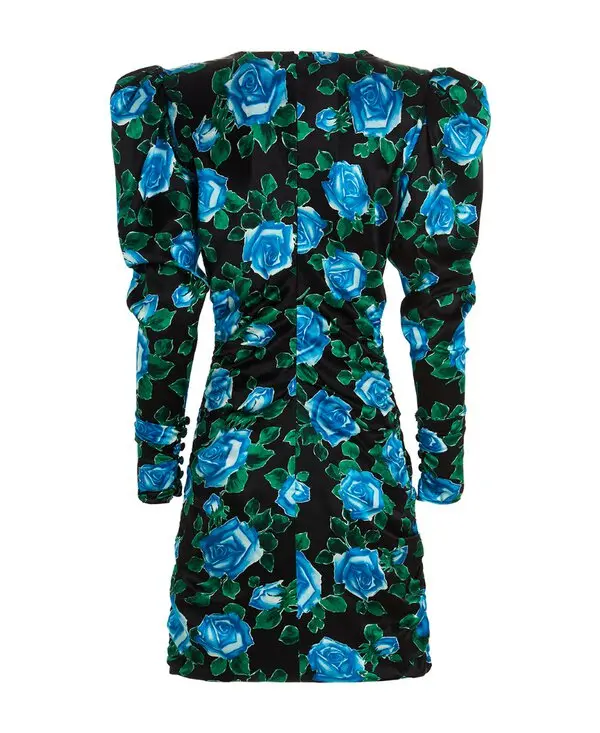 Alessandra Rich Rose Printed Satin Draped Mini Dress - Black
