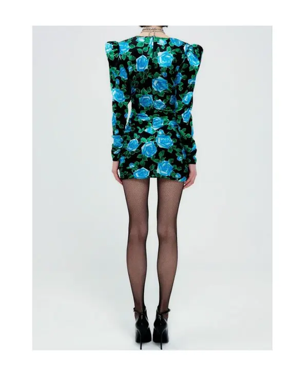 Alessandra Rich Rose Printed Satin Draped Mini Dress - Black