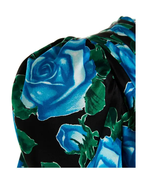 Alessandra Rich Rose Printed Satin Draped Mini Dress - Black