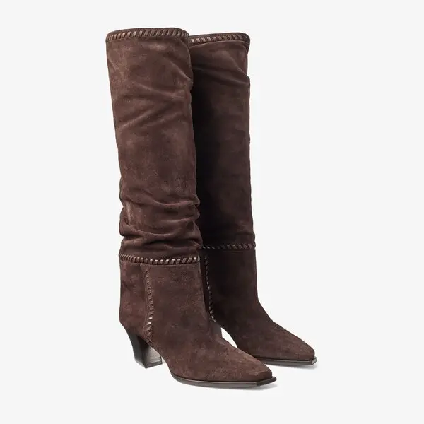 JIMMY CHOO Knee-high Suede Boots With Sculptural Block Heel