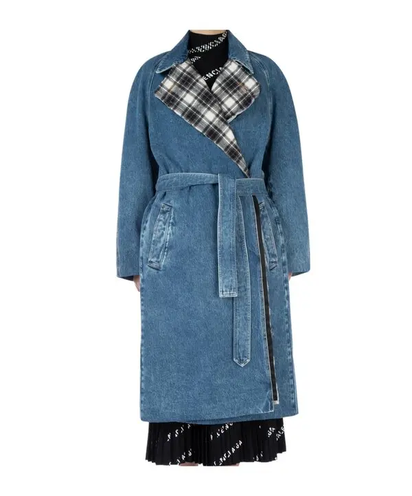 Balenciaga Checked Padded Denim Trench Coat