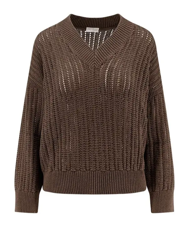 Brunello Cucinelli Monili-embellished V-neck Jumper - Chocolate-colored