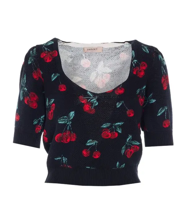 TWINSET Short Sleeve Cherry Print Knit Top - Black