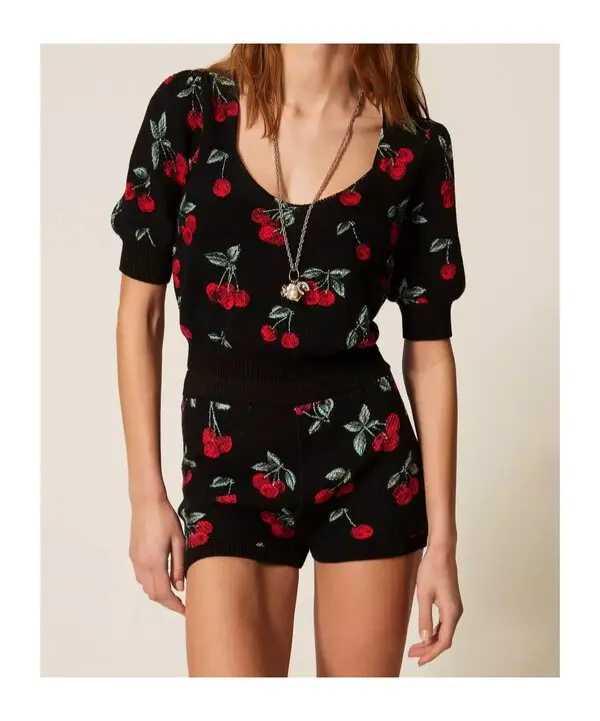 TWINSET Short Sleeve Cherry Print Knit Top