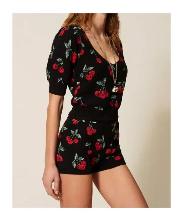 TWINSET Short Sleeve Cherry Print Knit Top