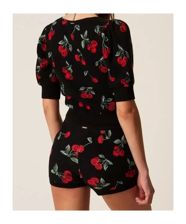 TWINSET Short Sleeve Cherry Print Knit Top