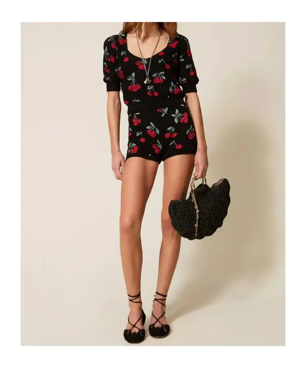 TWINSET Short Sleeve Cherry Print Knit Top