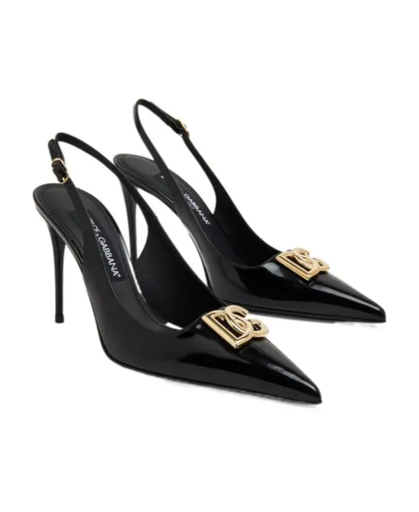 Dolce & Gabbana Logo Plaque Pointed Toe Slingback Pumps - Black