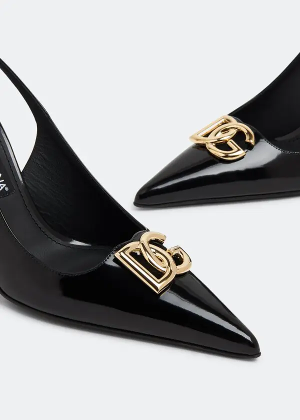 Dolce & Gabbana Logo Plaque Pointed Toe Slingback Pumps - Black
