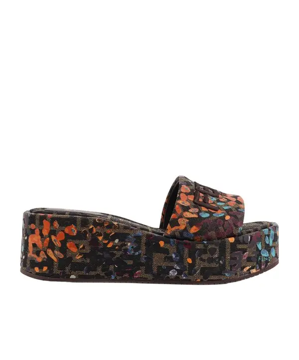 Fendi Logo Embroidered Printed Platform Sandals - Black