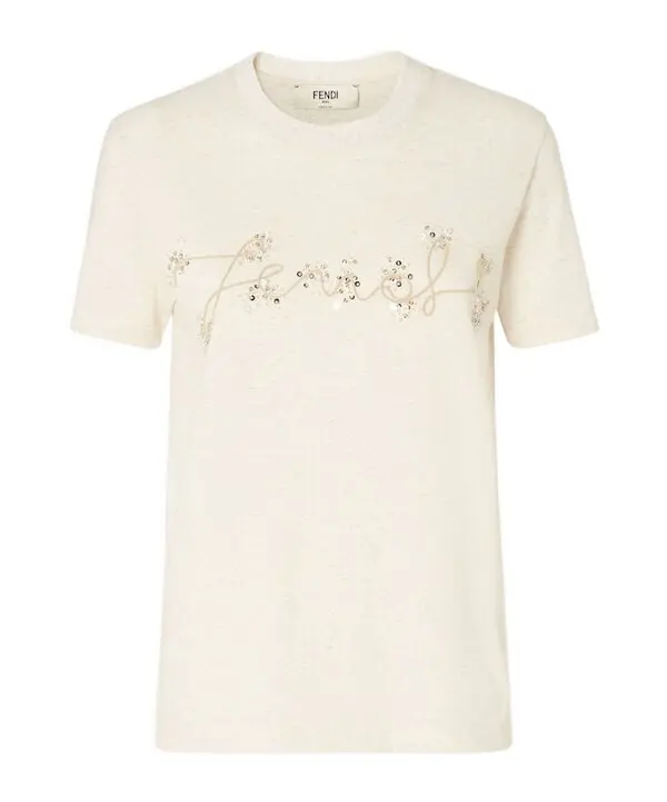 Fendi Logo Embellished Crewneck T-shirt - Beige