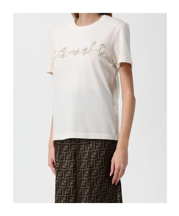 Fendi Logo Embellished Crewneck T-shirt - Beige