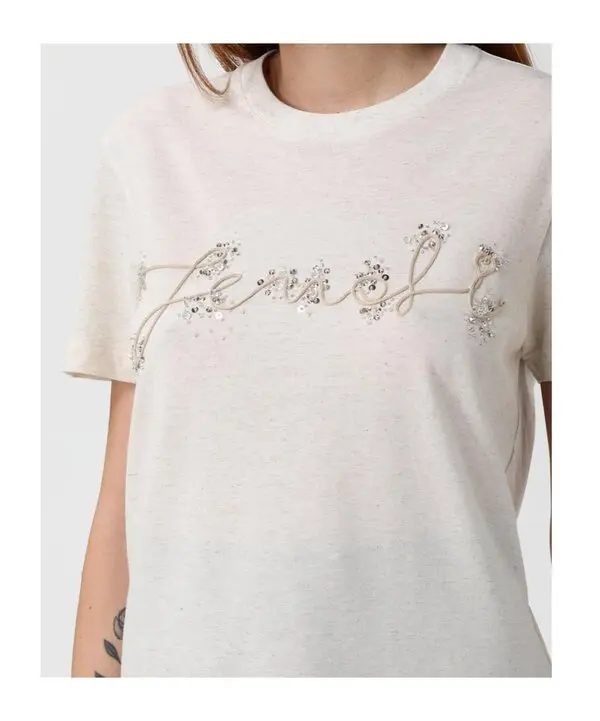 Fendi Logo Embellished Crewneck T-shirt - Beige