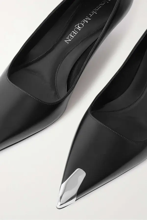 Alexander McQueen Pointed Toe Low Heel Leather Pumps With Metal Toe Cap