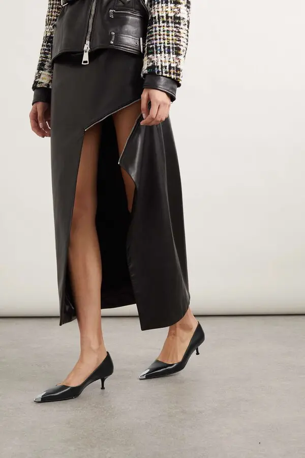 Alexander McQueen Pointed Toe Low Heel Leather Pumps With Metal Toe Cap