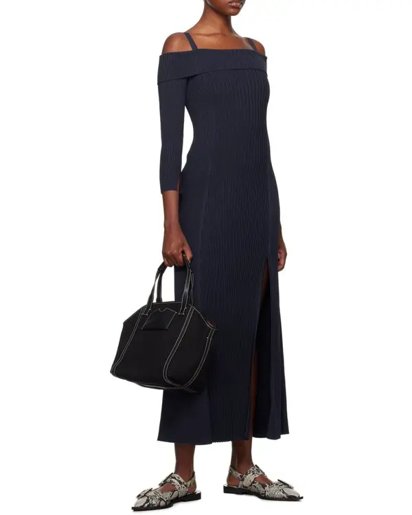 GANNI Melange Knitted Off-shoulder Maxi Dress - Dark Blue