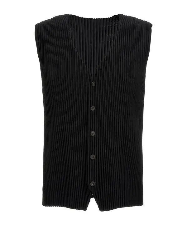 Issey Miyake Homme Plissé Pleated V-neck Button-down Waistcoat - Black